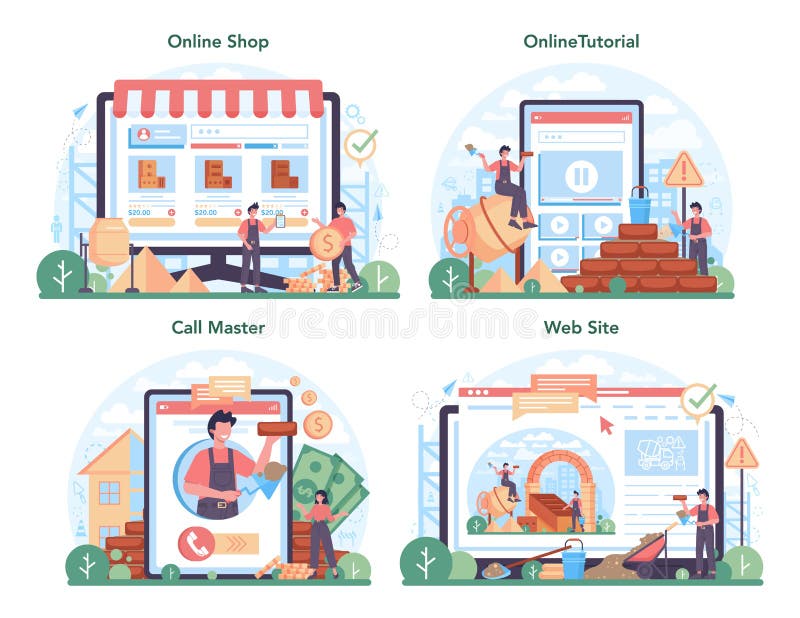 Bricklayer Online Service or Platform Set. Professional Builder ...