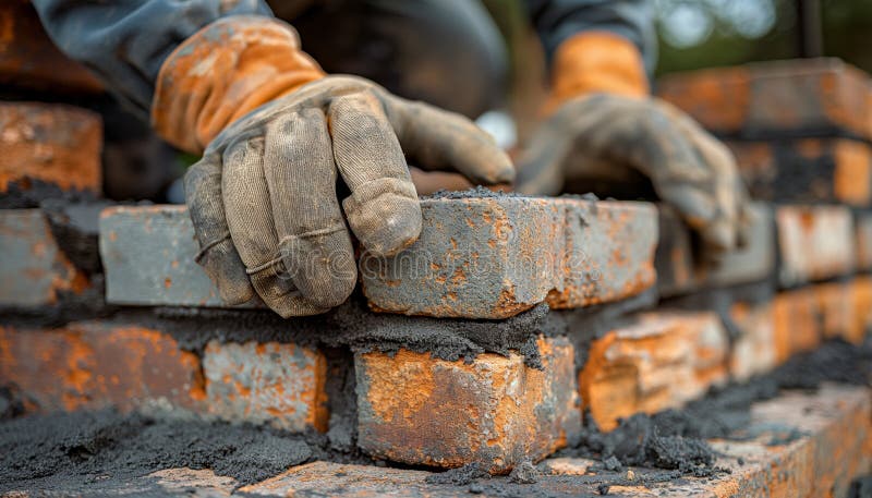 Bricklayer S Gloved Hands Placing Brick on Wall Stock Photo - Image of ...