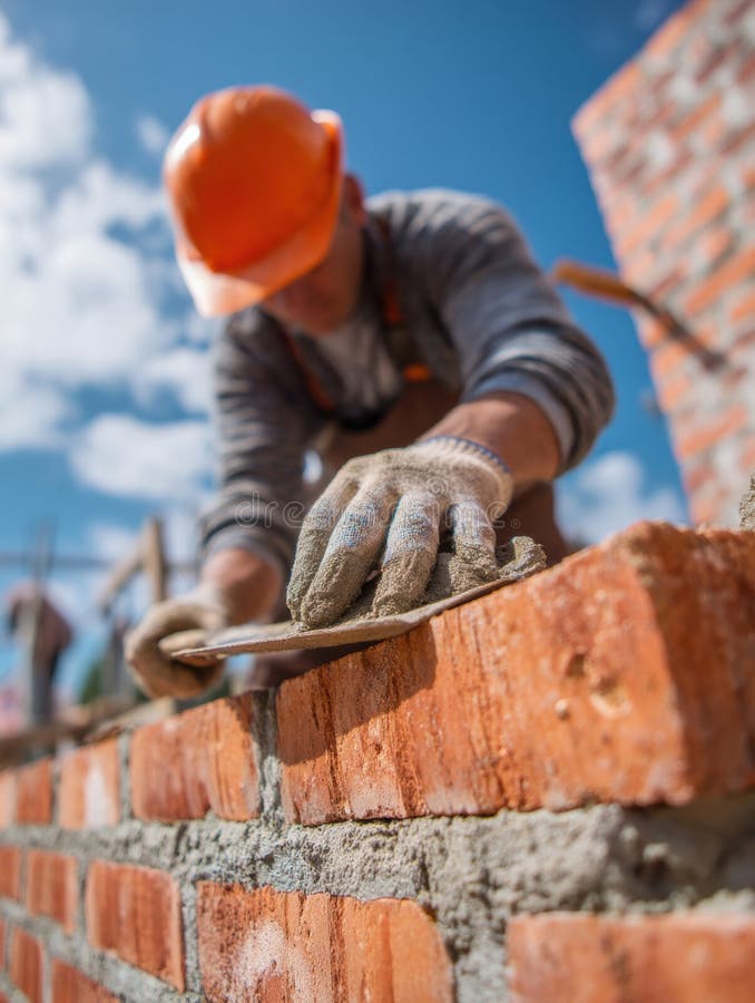 Bricklayer Skillfully Laying Bricks Under a Blurred Sky during ...