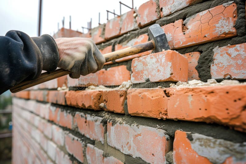 Bricklayer Using a Hammer To Tap Bricks into Place on a Wall Stock ...