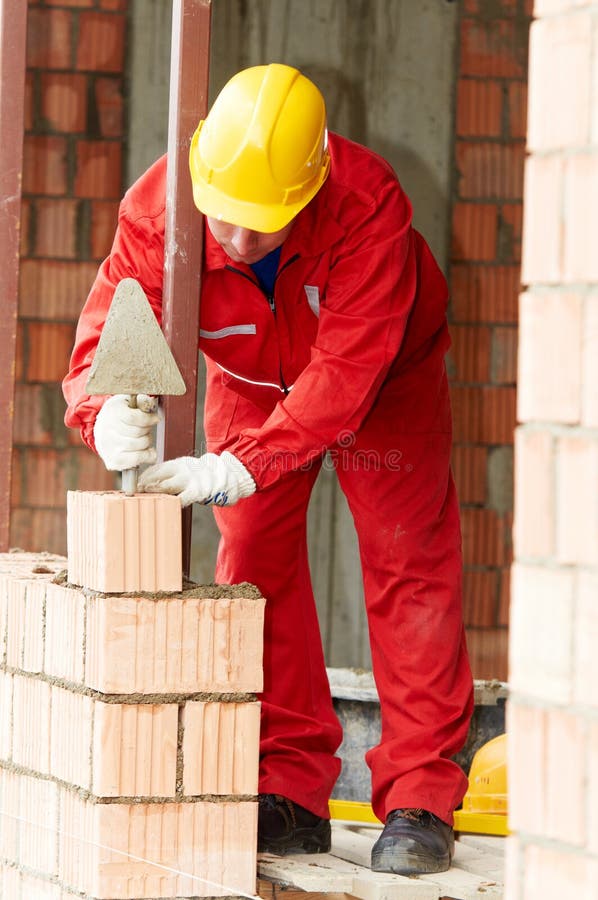Bricklayer at Work with Red Brick Stock Photo - Image of mason ...