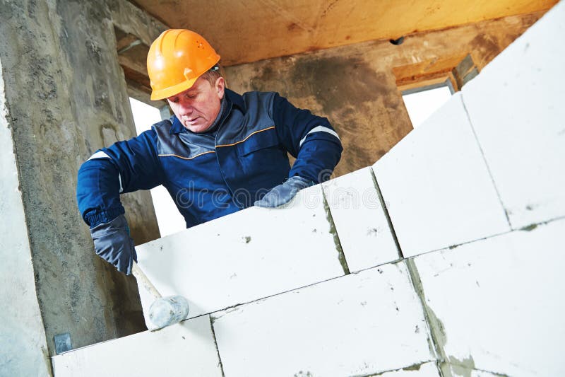 Bricklayer at Work with Silicate Brick Stock Photo - Image of mortal ...