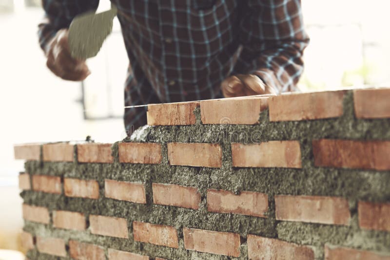 Bricklayer Worker Installing Brick Masonry Stock Image - Image of home ...