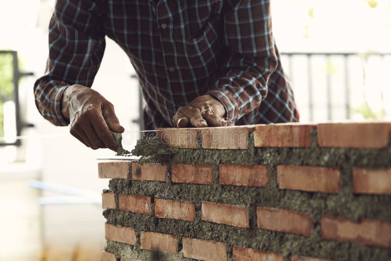 Bricklayer Worker Installing Brick Masonry Stock Photo - Image of build ...