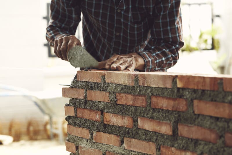 Bricklayer Worker Installing Brick Masonry Stock Image - Image of ...