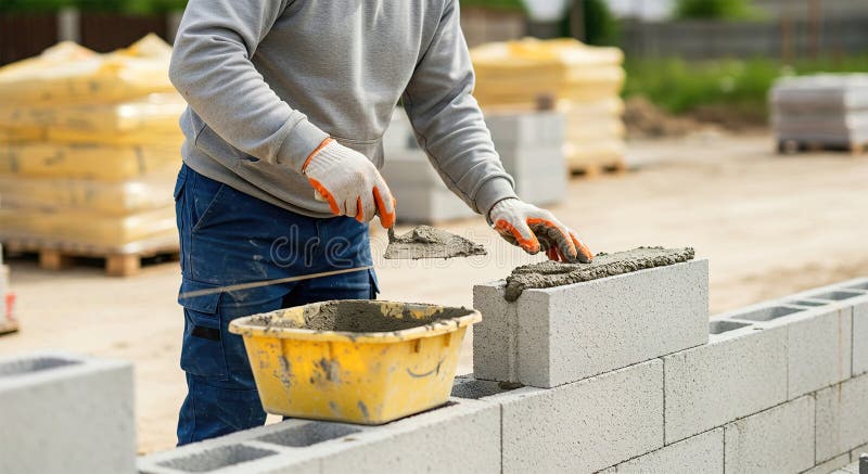 The Bricklayer is Working. the Bricklayer is Building a Wall with a ...
