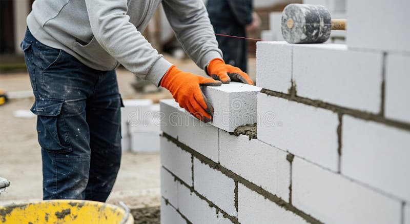 The Bricklayer is Working. the Bricklayer is Building a Wall with a ...