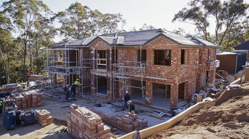 Bricklayers Building the Outer Walls of a Residential Home in a New ...