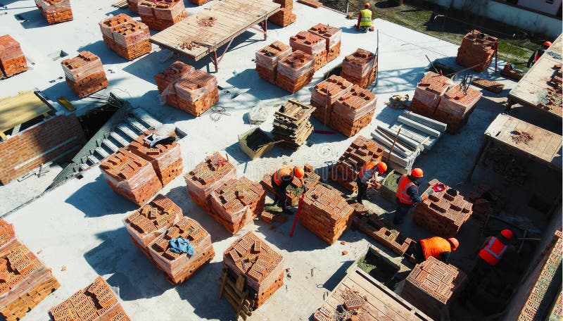Bricklaying and Construction Workers at a Construction Site. an Aerial ...