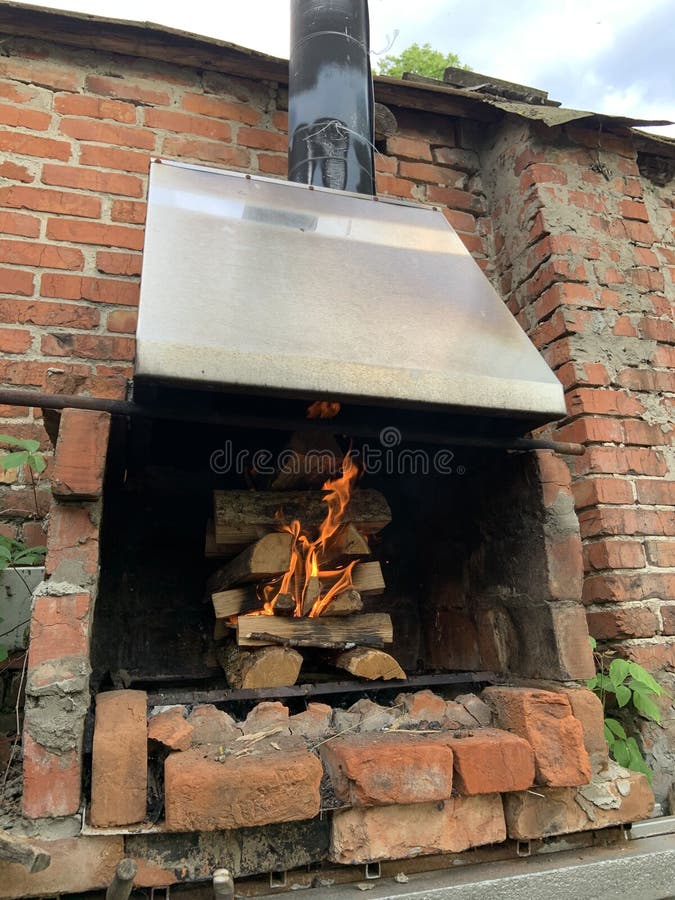 Bricks Campfire with Burning Firewood Stock Image - Image of smoke ...