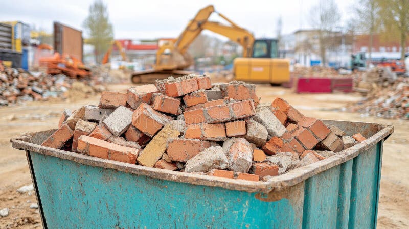 Bricks and Concrete Rubble Fill a Construction Site Dumpster, Which is ...