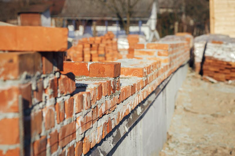 Bricks Masonry with Cement on Concrete Foundation, Process of House ...