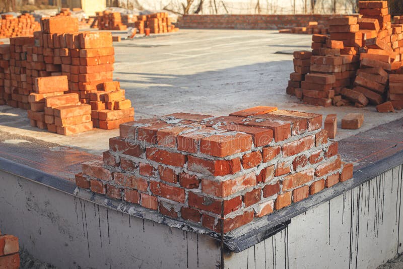 Bricks Masonry with Cement on Concrete Foundation, Process of House ...