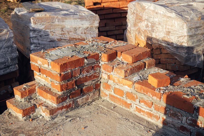 Bricks Masonry with Cement on Concrete Foundation, Process of House ...