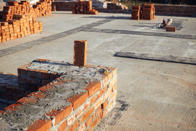 Bricks Masonry with Cement on Concrete Foundation, Process of House ...