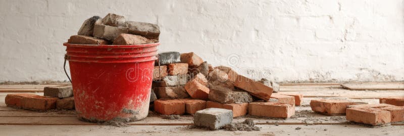 Construction Materials Scattered on Floor with Mortar Bucket on the ...