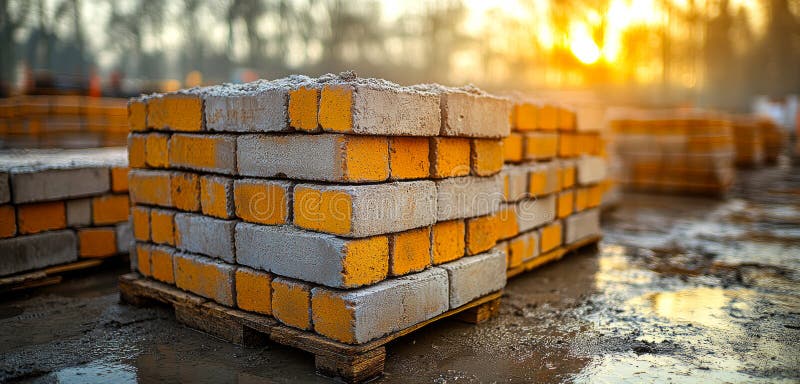 Bricks at sunset on site stock photo. Image of colors - 369748324