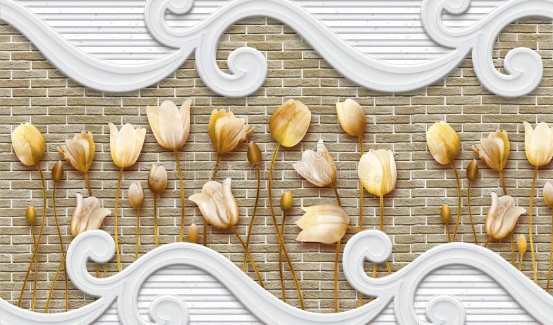 3D Wallpaper , Bricks Wall Background with White Pattern , Flowers on ...