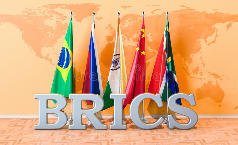 BRICS Summit Meeting Concept, Flags of All Members BRICS in Room. 3D ...