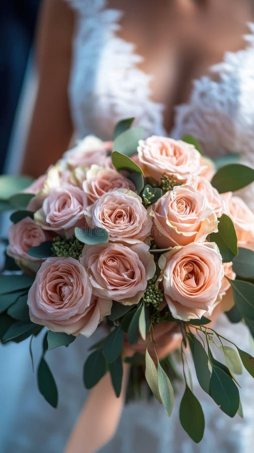 Bridal Bouquet with Peach Roses and Greenery Stock Image - Image of ...