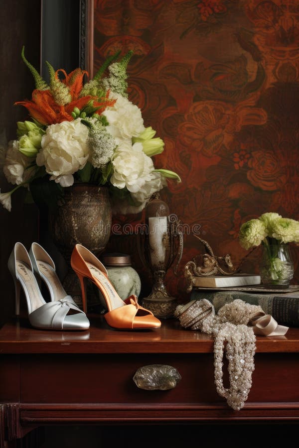Bridal Shoes and Accessories on a Table Stock Illustration ...