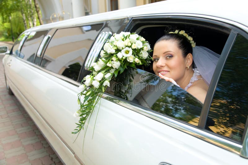 Bride Exiting Wedding Car Limo Stock Image - Image of limousine, love ...