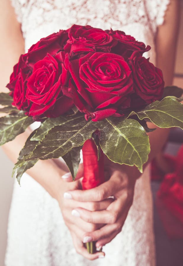 Bride with Bouquet of Red Roses Stock Image - Image of married ...