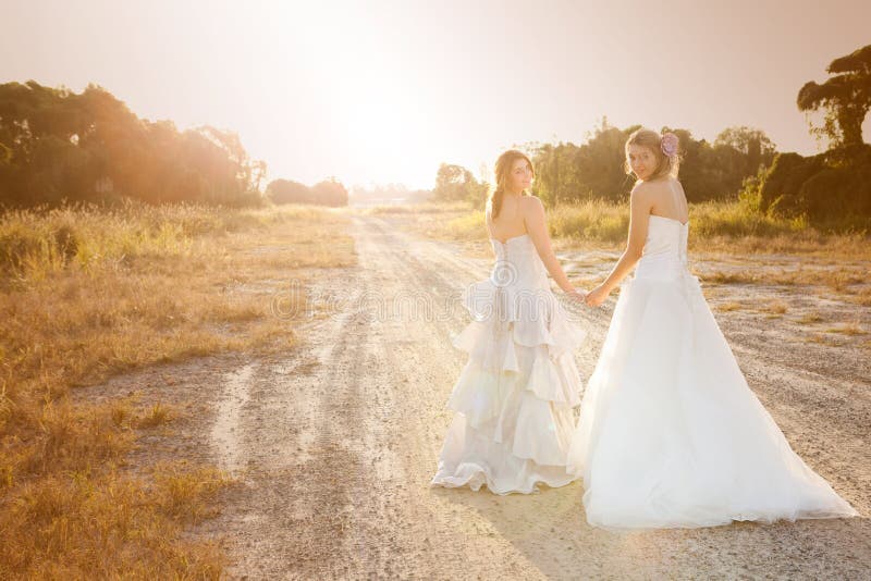 Bride and Bridesmaid on a Country Road Stock Photo - Image of ...