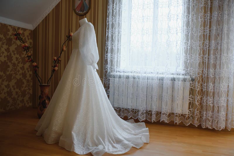 Bride Dressing Wedding Gown. Morning Bride Stock Photo - Image of ...
