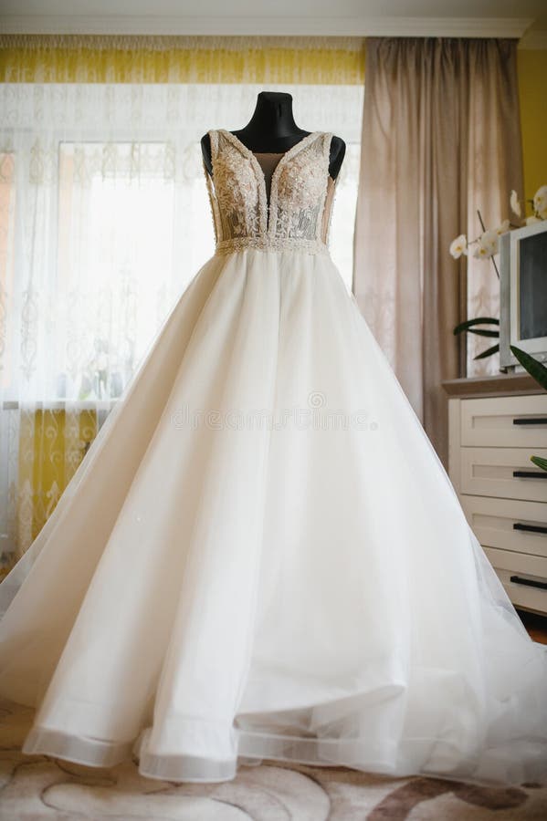 Bride Dressing Wedding Gown. Morning Bride. Stock Image - Image of ...