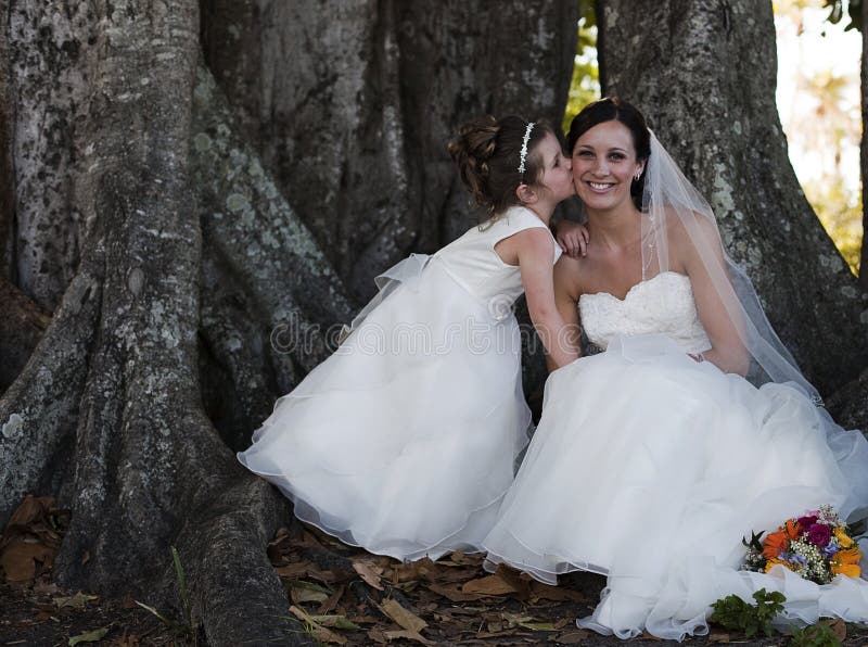 Bride and flower girl stock photo. Image of outdoors - 15238310