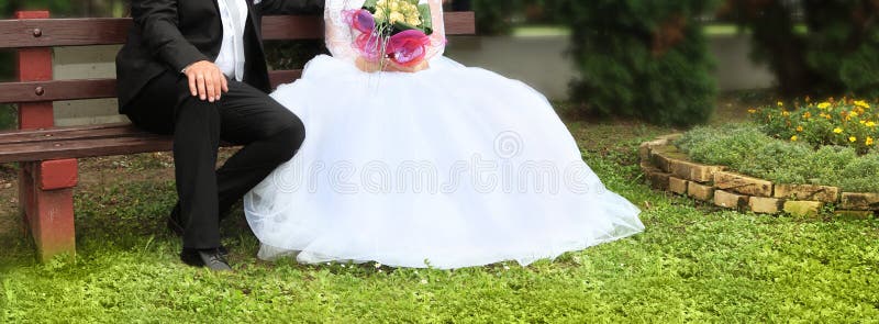Bride and Groom on the Bench,wedding Couple Stock Photo - Image of ...