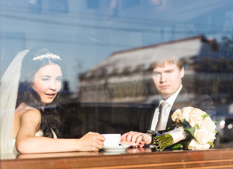 Bride and Groom Drinking Coffee in Cafe Stock Photo - Image of coffee ...
