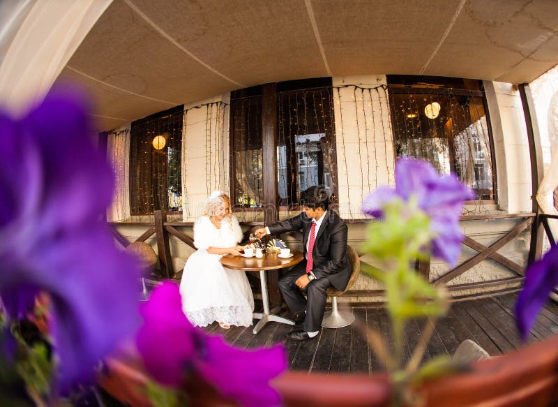 Bride and Groom Drinking Coffee at an Outdoor Cafe Stock Image - Image ...
