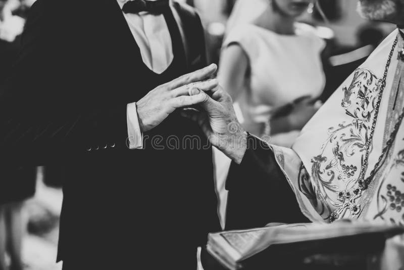 Bride and Groom Exchanging Wedding Rings. Stylish Couple Official ... Bride and Groom Exchanging Wedding Rings. Stylish Couple Official ...