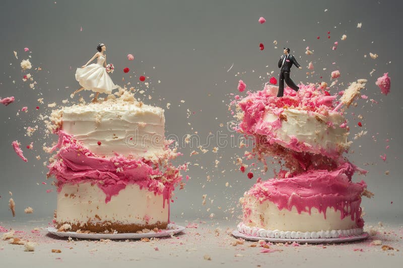 Bride and Groom Figurines Running on Exploding Wedding Cake Stock Image ...