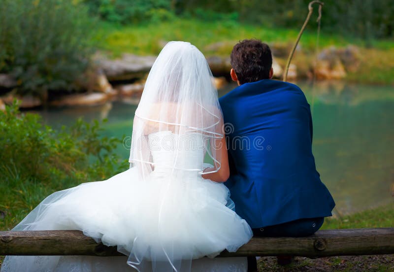 Bride and Groom Fishing Together - Romantic Wedding Concept. Stock ...