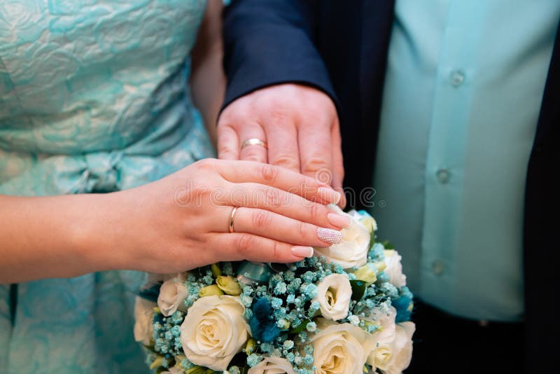 Bride and Groom Hands with Wedding Rings Stock Image - Image of bonding ...