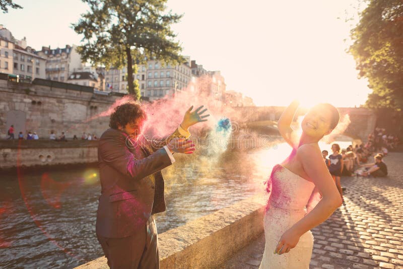 Bride and Groom Having Fun on Wedding Day Stock Photo - Image of groom ...