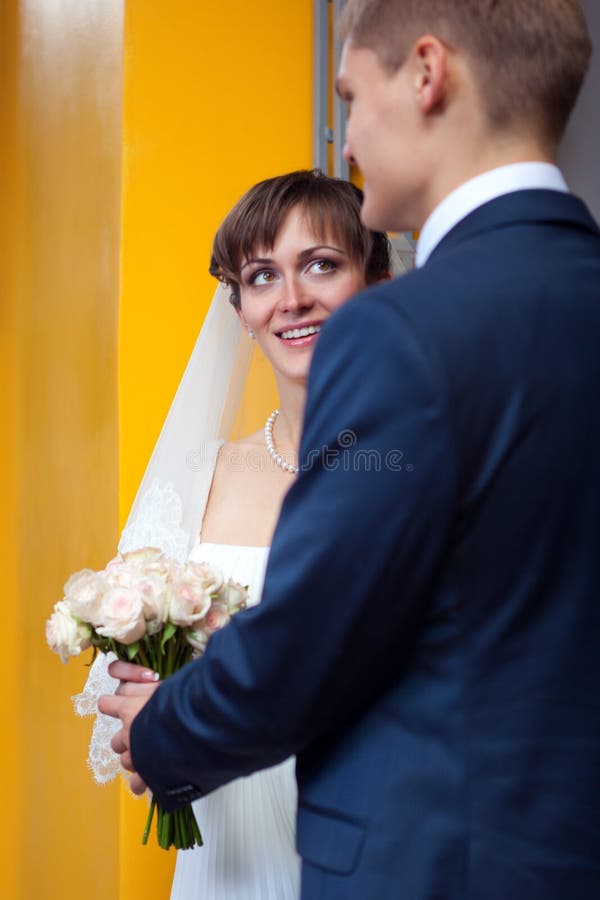 Bride and Groom Looking To Each Other Stock Image - Image of caucasian ...