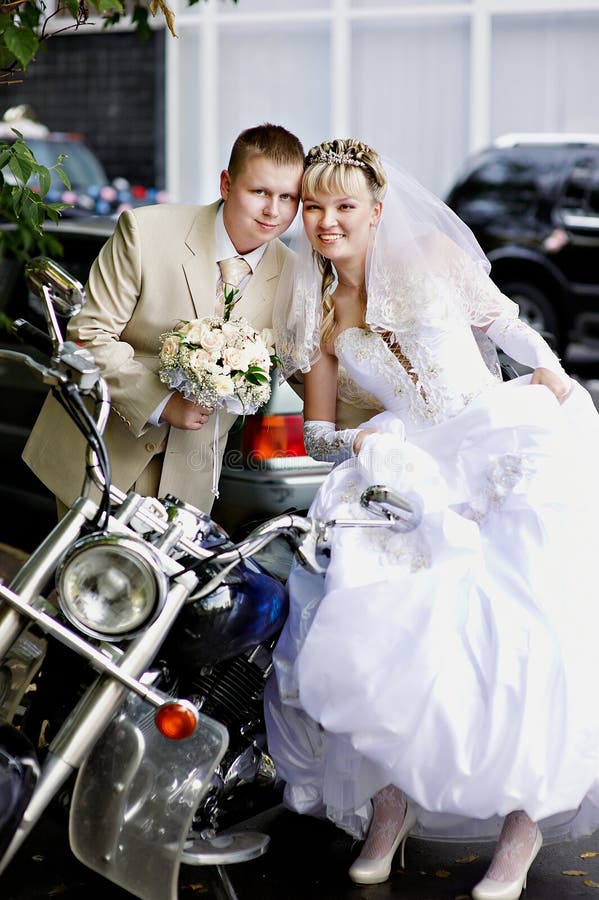 Bride and Groom and Motorcycle Stock Image - Image of power, happy ...