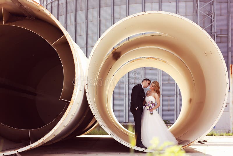 Bride and Groom Posing in a Big Pipe Stock Image - Image of love ...