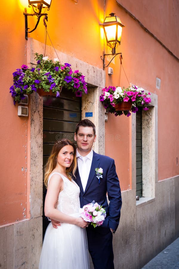 Bride and Groom Posing on the Old Streets of Rome, Italy Stock Image ...