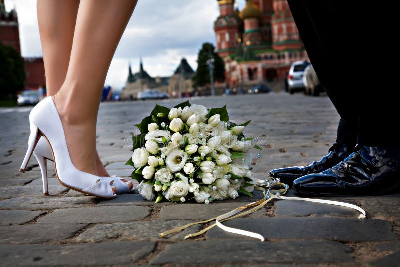 Bride and Groom on the Red Square in Moscow. Stock Image - Image of ...