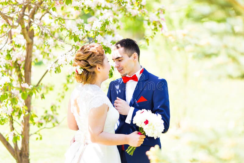 The Bride and Groom in the Spring Nature with Blooming Trees Stock ...