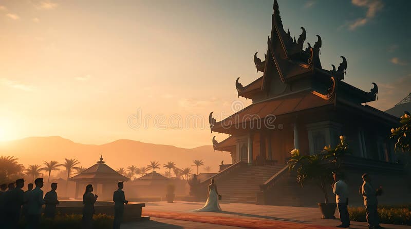Asian Temple Wedding Sunset Stock Image - Image of golden, marriage ...