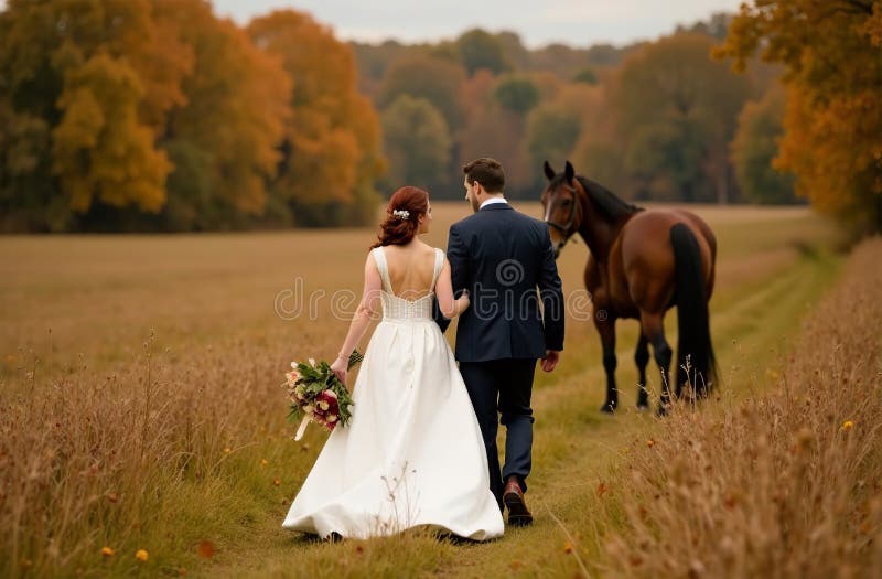 Bride Groom Walk Field, Wedding Ceremony, Full Length View Back. AI ...