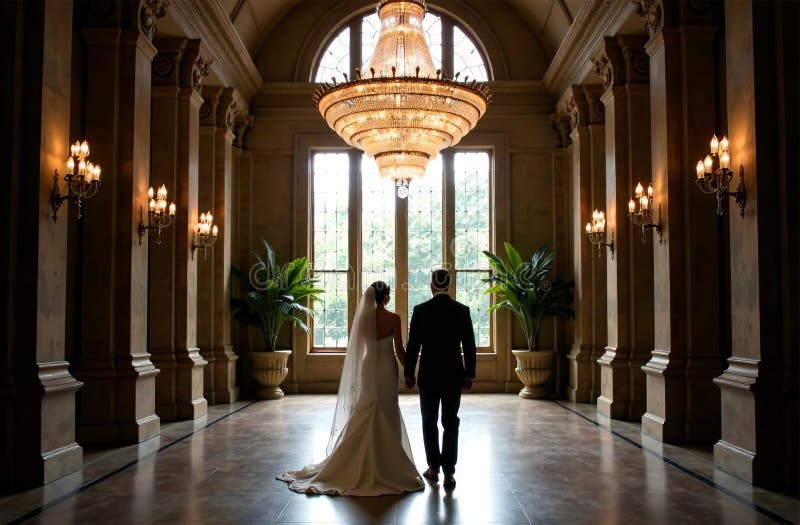 Bride Groom Walk Hall, Wedding Ceremony, Full Length View Back. AI ...