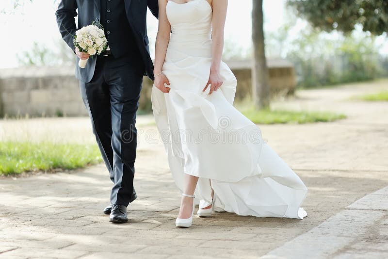 Bride and Groom Walking Together in Wedding Day Stock Image - Image of ...