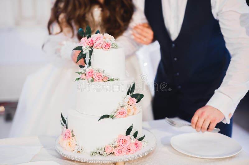 Bride and Groom at Wedding Cutting the Wedding Cake Stock Image - Image ...